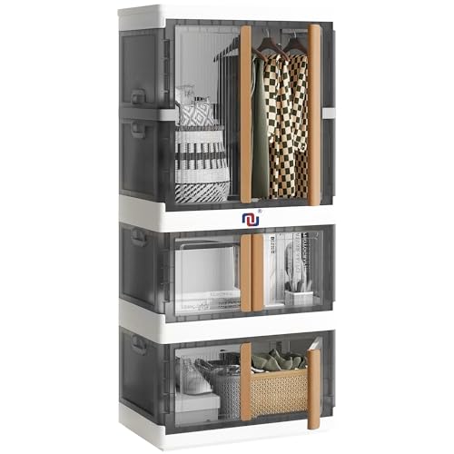 NUNET 304Qt Large Foldable Closet Organizers Stackable Storage Boxes 2X 19 Gal & 1x 38 Gal Collapisble Storage Bins w. Lids, Front Doors, Rod, Small Size of Hangers & Wheels for Clothes, Toys etc.