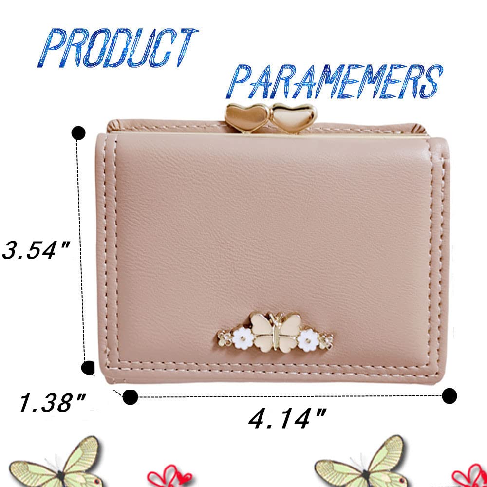 Wolyepor Women Classic Butterfly Flower Cartoon Wallet Multi-Card Tri-Fold Purse (Pink)