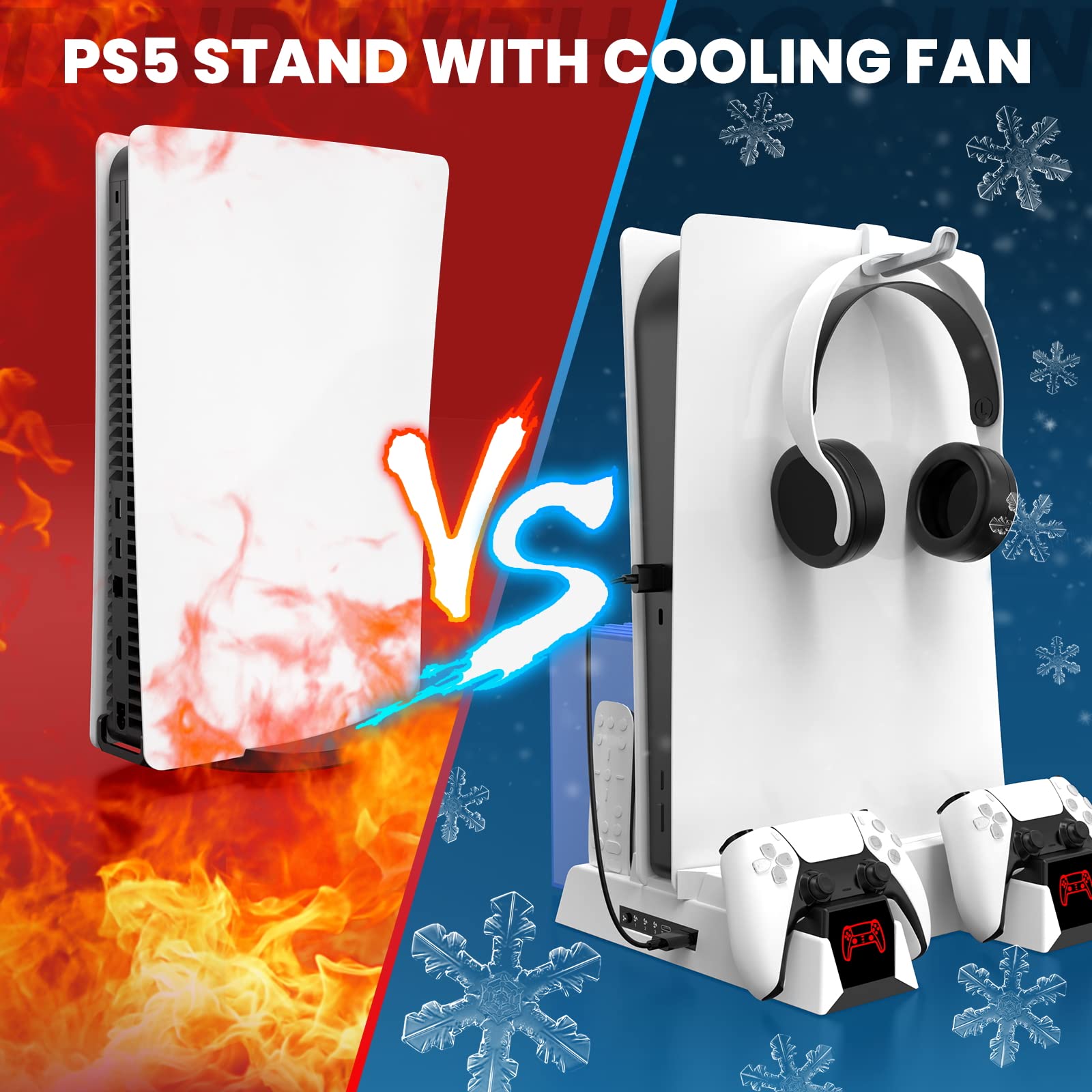 RIIKUNTEK PS5 Stand with Cooling Fan and Dual Controller Charger Compatible with PS5 Console, PS5 cooling stand with Charging Dock Station, 3 Fans Speed, 11 Game Slots, Headset Hook, White