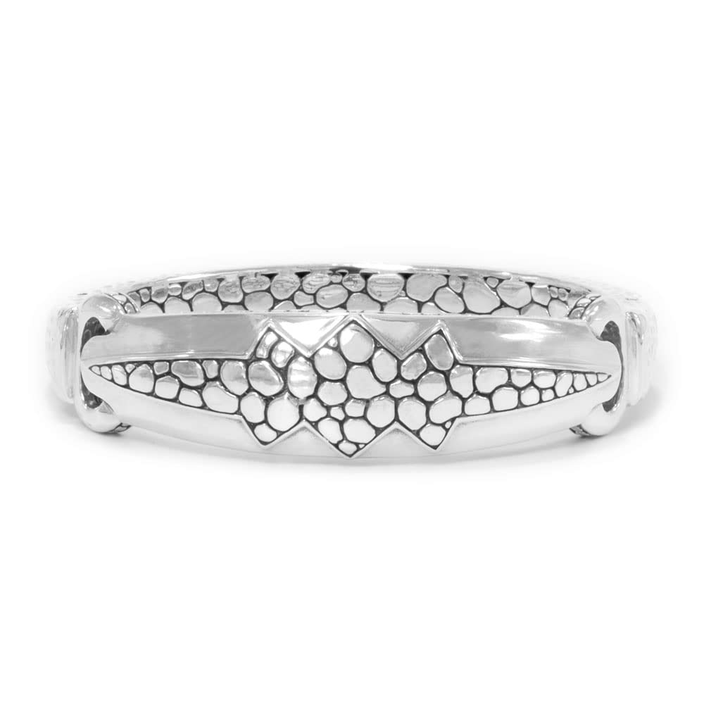 SARDA - .925 Sterling Silver Watermark Pattern & Hammered Finish Zig Zag Star Hinged Buckle Bangle Bracelet - Handmade by Bali Artisans - 6-3/4"