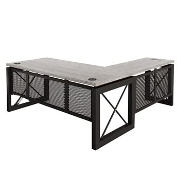 nbf signature series Urban Reversible LShaped Desk 72" W x 80" D Concrete Laminate Top/Black Modesty Panel Legs