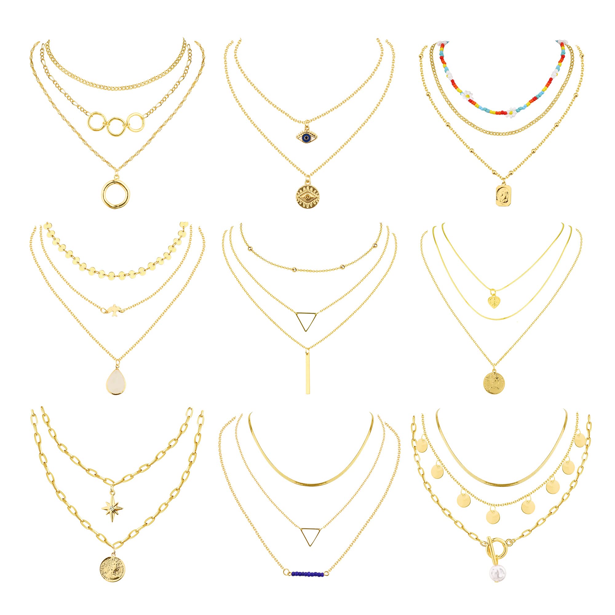 Subiceto 9pcs Layered Necklaces for Women Coin Bar Beads Circle Crescent Moon Star Pendant Necklace Multilayer Necklaces Set Gold