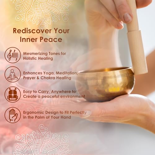 REGIS Tibetan Singing Bowl Set , Mindfulness, and Stress Relief zen decor,Bowl Handcrafted in Nepal for Healing and Mindfulness (gold, 3 inch)