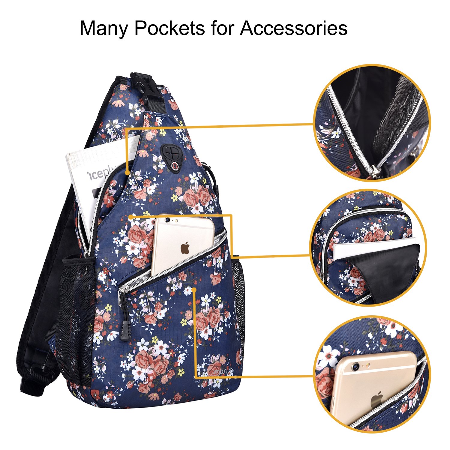 MOSISO Sling Backpack,Travel Hiking Daypack Pattern Rope Crossbody Shoulder Bag, Navy Blue Base Floral