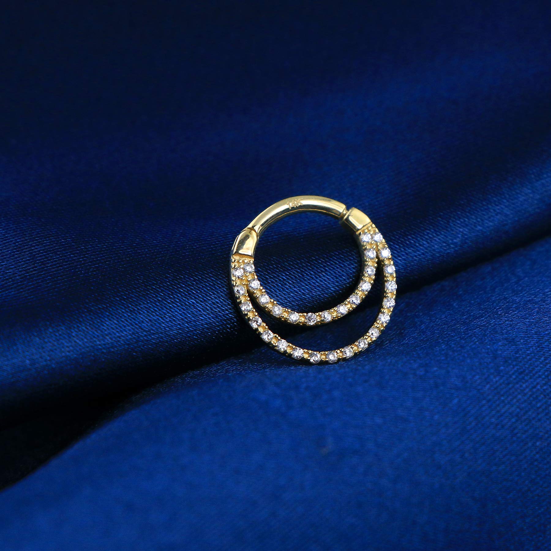 OUFER 14K Solid Gold Daith Septum Rings Double Layer Clear CZ Paved Daith Helix Earrings Septum Piercing Jewelry