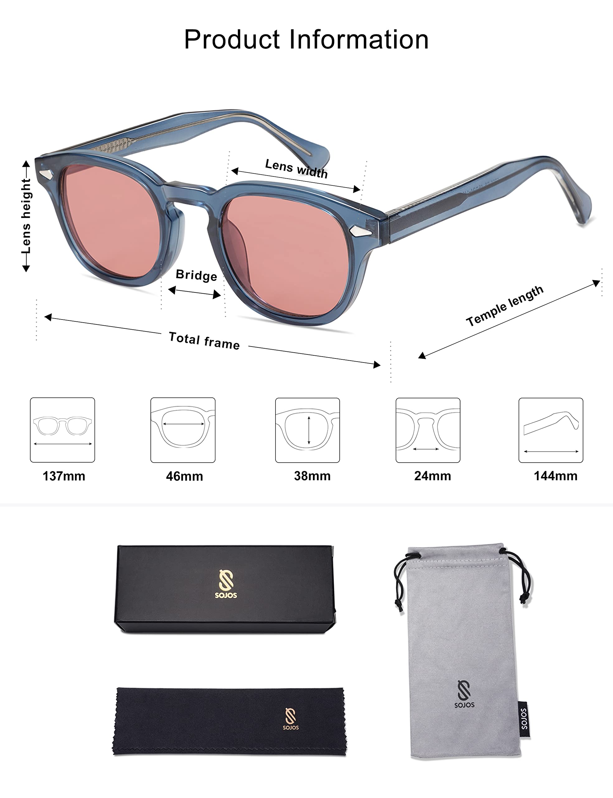 SOJOS Retro Small Round Sunglasses for Men Women Trendy Circle Style UV400 Lenses Unisex Sun Glasses SJ2251, Navy Blue Frame/Light Red Lens