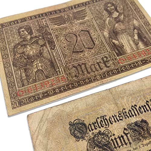 WWI German Empire Collection - 7 banknotes Issued from 1914 to 1918. Certificate of Authenticity Included