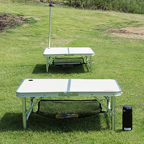 PSKOOK Folding Camping Table Picnic Table Perfect Size for Travel BBQ Beach Portable Lightweight Aluminum Folding Table (White w/Net&Pole, 70 * 50 * 64 cm)