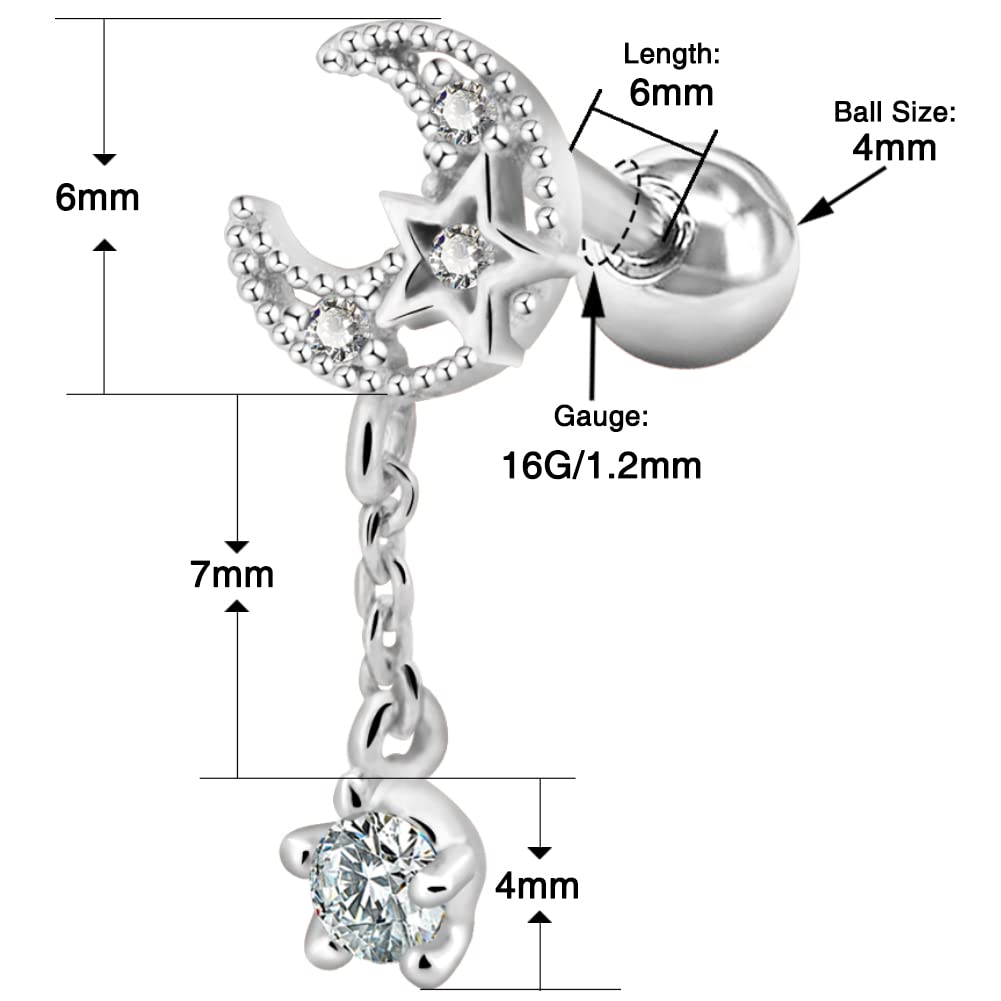 OUFER 16G Stainless Steel Cartilage Earring Moon with CZ Dangle Tragus Earrings Cartilage Earring Stud