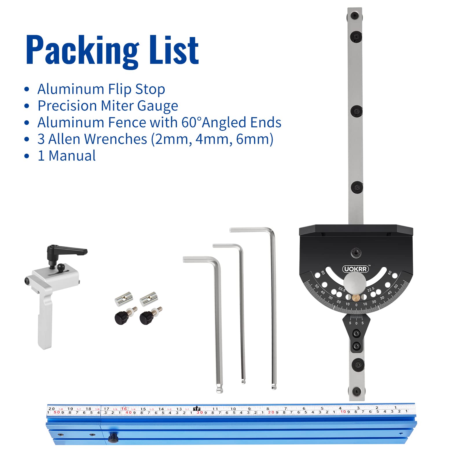 UOKRR Precision Miter Gauge for Table Saw Craftsman Telescoping 20'' to 36'' Aluminum Miter Fence Repetitive Cut Flip Stop 60° Angled Ends for Maximum Stock Support, Blue (UO036)
