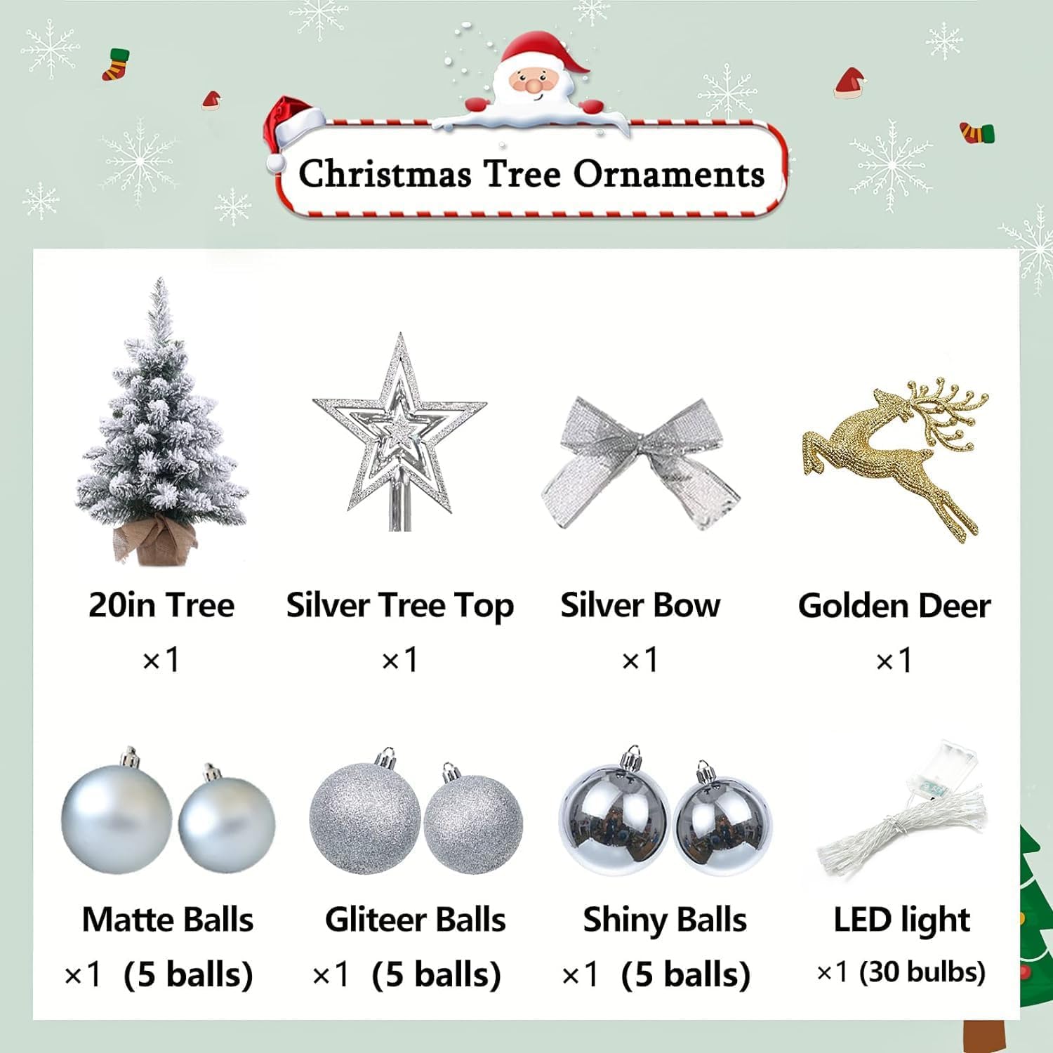 Mini Christmas Tree with Lights,24In/2ft Snow Flocked Pre-lit Tabletop Christmas Tree with 19 Decorations,Artificial Small Christmas Tree -for Table Desk Home Christmas DIY Decor