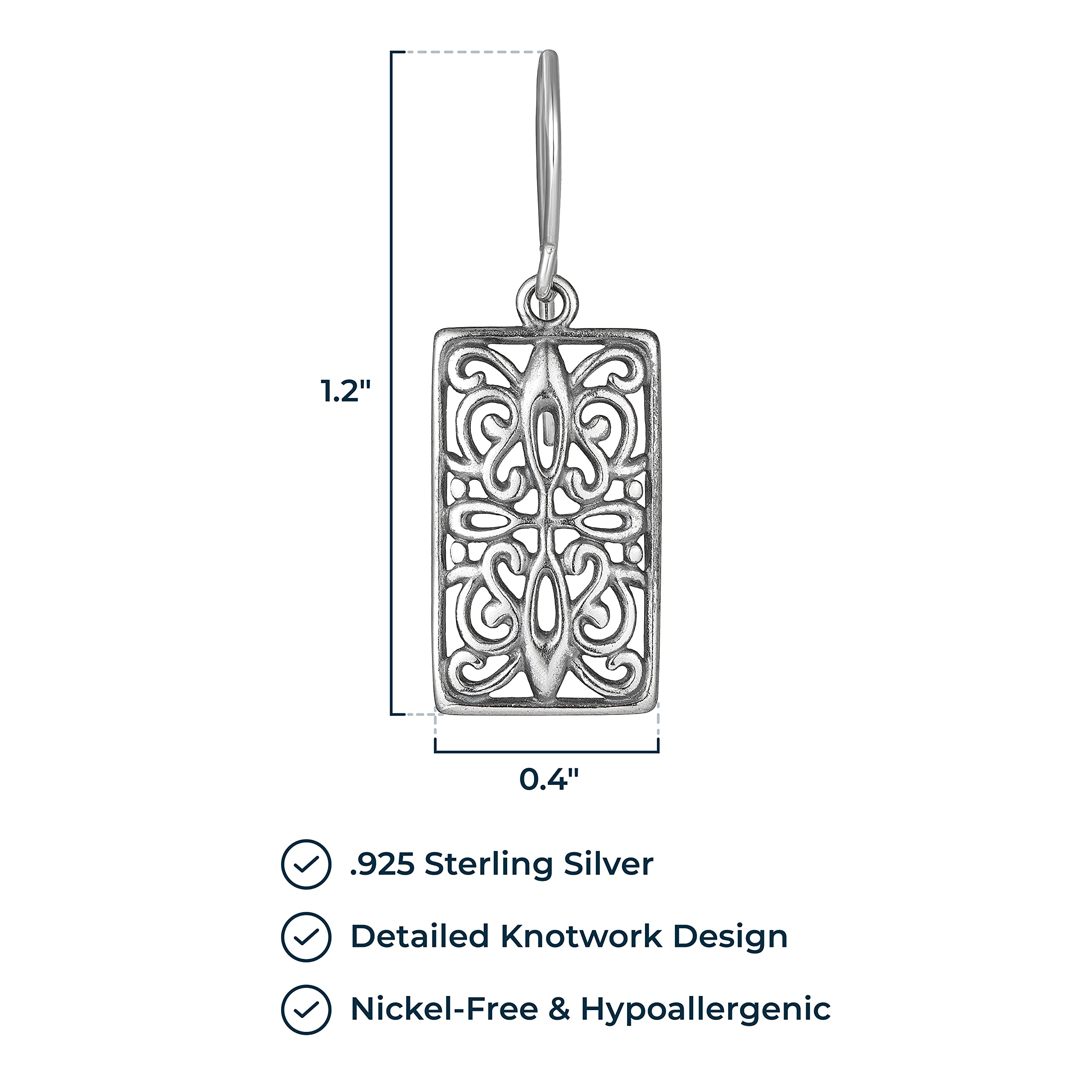 MORGAN & PAIGE Rhodium or 18k Gold Plated Celtic Knot Earrings For Women - 925 Sterling Silver Celtic Dangle Earrings With Rectangle Drop Pendant - Handcrafted - Jewelry Gift for Her