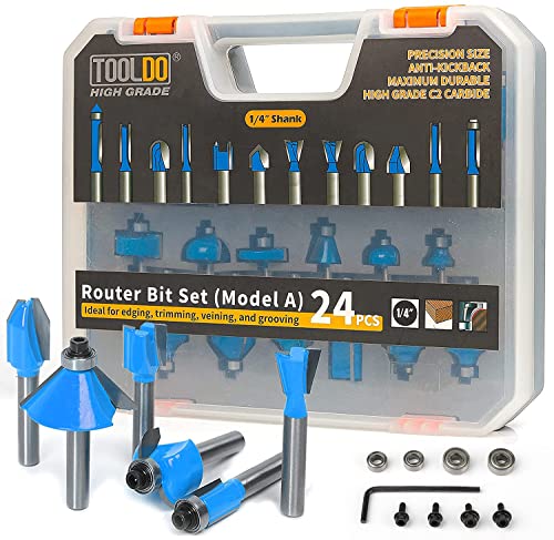 TOOLDO Router Bit Set 24 Pieces, 24A (24 pcs Model A), 1/4 inch Shank, Professional Router Bit Kit for DIY, Woodworking Project, High Grade with Bearing