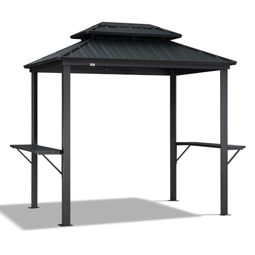 PURPLE LEAF 6' X 8' Hardtop Grill Gazebo for Patio Permanent Aluminum Barbeque Shelter Gazebo Canopy with Ceiling Hook and Shelves Double Tiered Grey Outdoor BBQ Gazebo