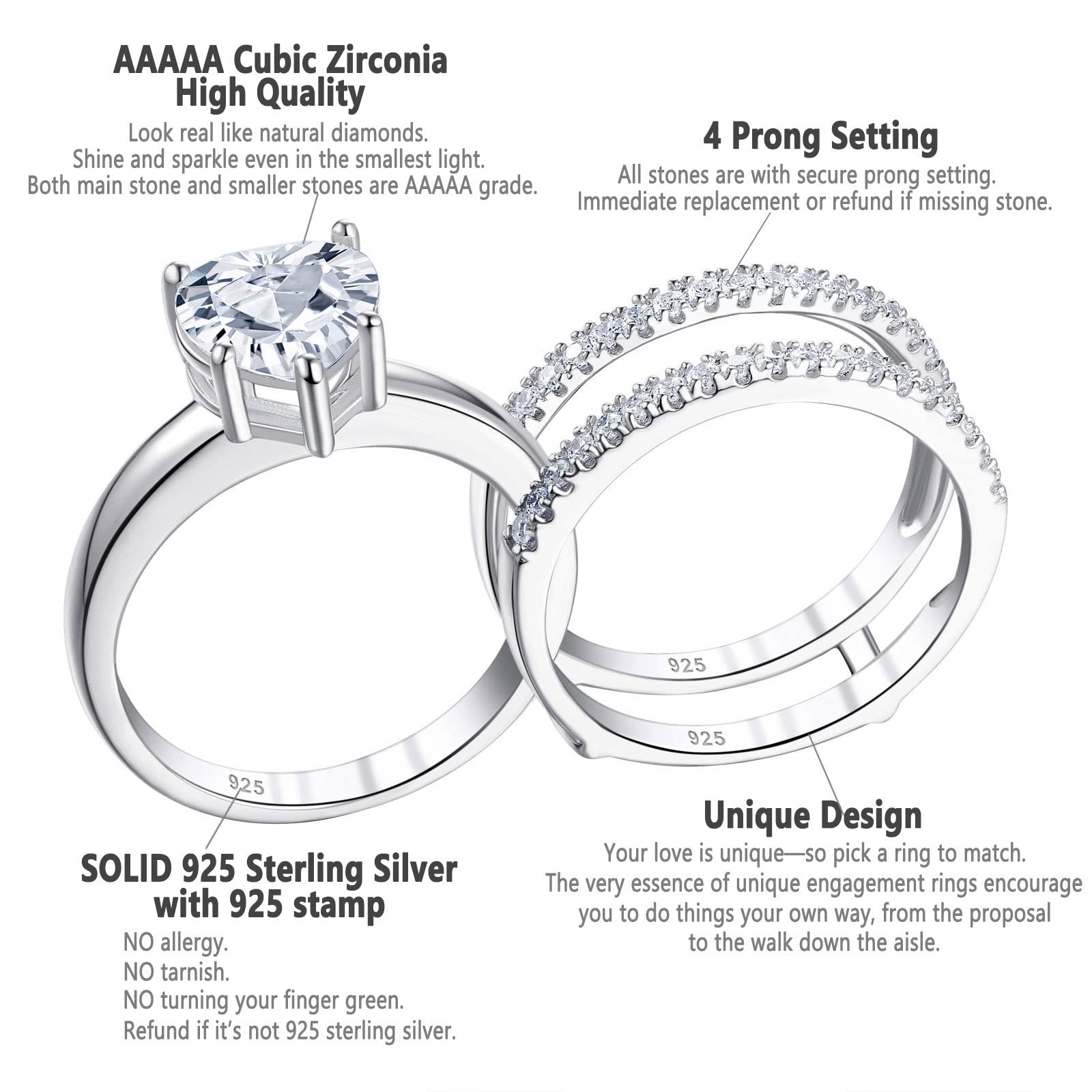 SHELOVES Solitaire Heart CZ Engagement Rings Set Sterling Silver Wedding Band Guard Enhancers Sz 5
