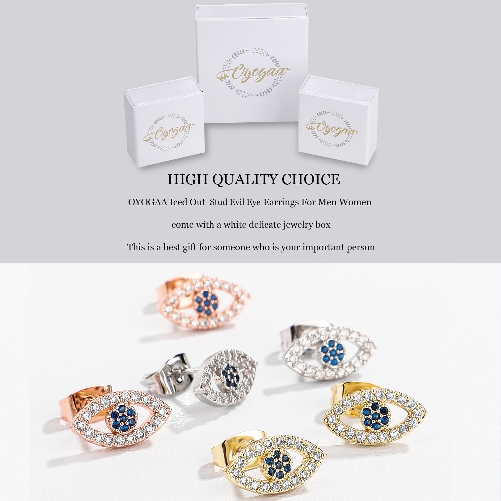 OYOGAA 18K Gold Blue Evil Eye Stud Earrings Fully Iced Out Diamonds Cubic Zirconia 925 Sterling Silver Tiny Cute Small Daily Eye Stud Earrings For Men Women (Gold)