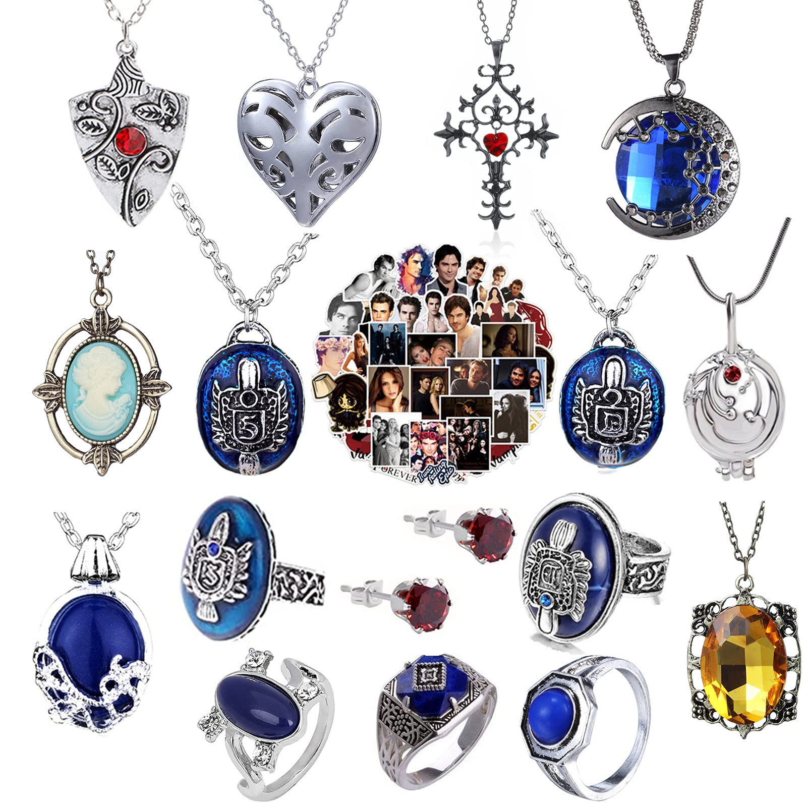 PPX 67 Set Replace The Vampire Daywalking Katherine Sapphire Crystal Pendant Necklaces Ring Earrings and 50 Pcs Vampire Stickers Movie Jewelry Set Cosplay For Fans