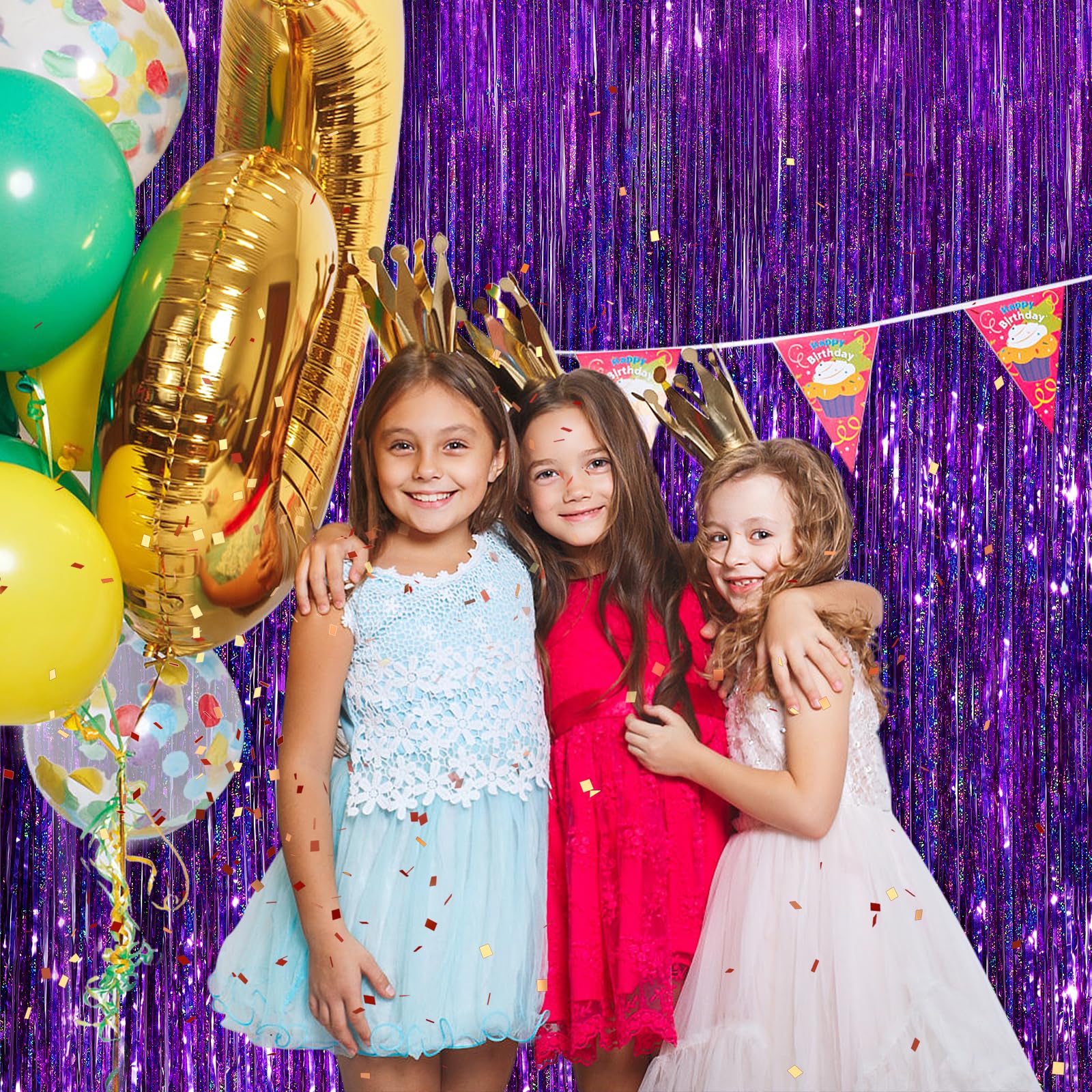 Purple Metallic Tinsel Foil Fringe Curtains, 2 Pack 3.3x8.3 Feet Streamer Backdrop Curtains for Birthday Party Decorations, Halloween Decor, Foil Curtain Backdrop for Bachelorette Party