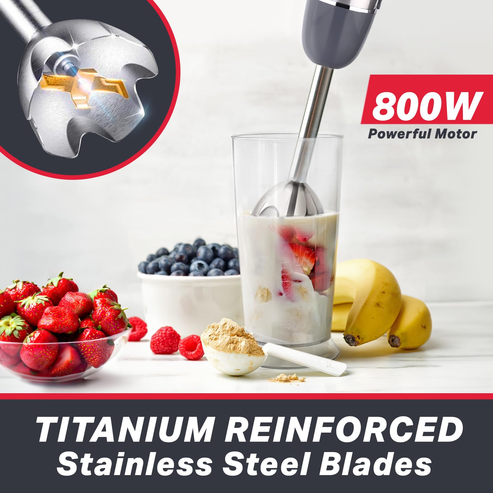 Mueller Pro Series Hand Blender, 500W Immersion Blender, Heavy-Duty Titanium Steel Blades, Stepless Speed Control, Detachable Shaft, Ergonomic Handle, White