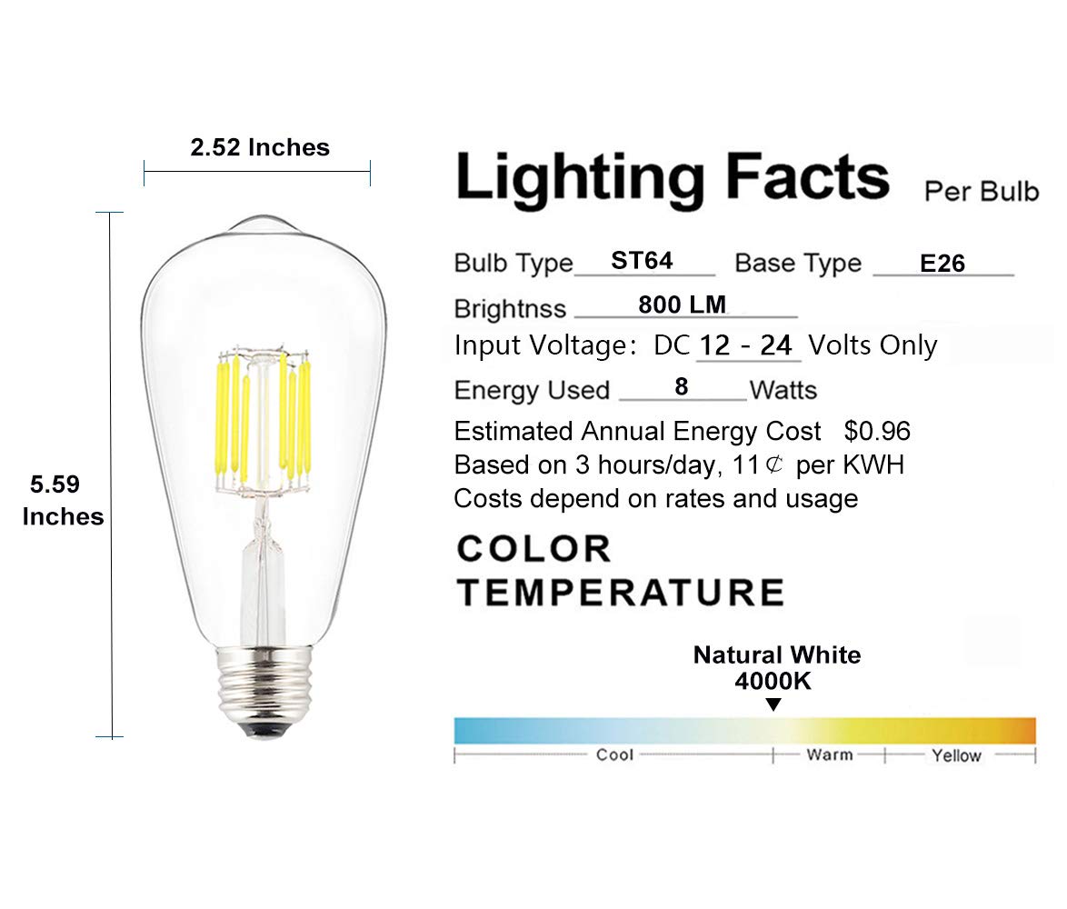 OPALRAY 12V 24V DC Input 8W LED Bulb, ST21(ST64) Style, Dimmable with 12V DC Dimmer, 4000K Bright Neutral White Light, E26 Medium Base Lamp, 80W Incandescent Equivalent, for Low Volt 12V Power, 3 Pack