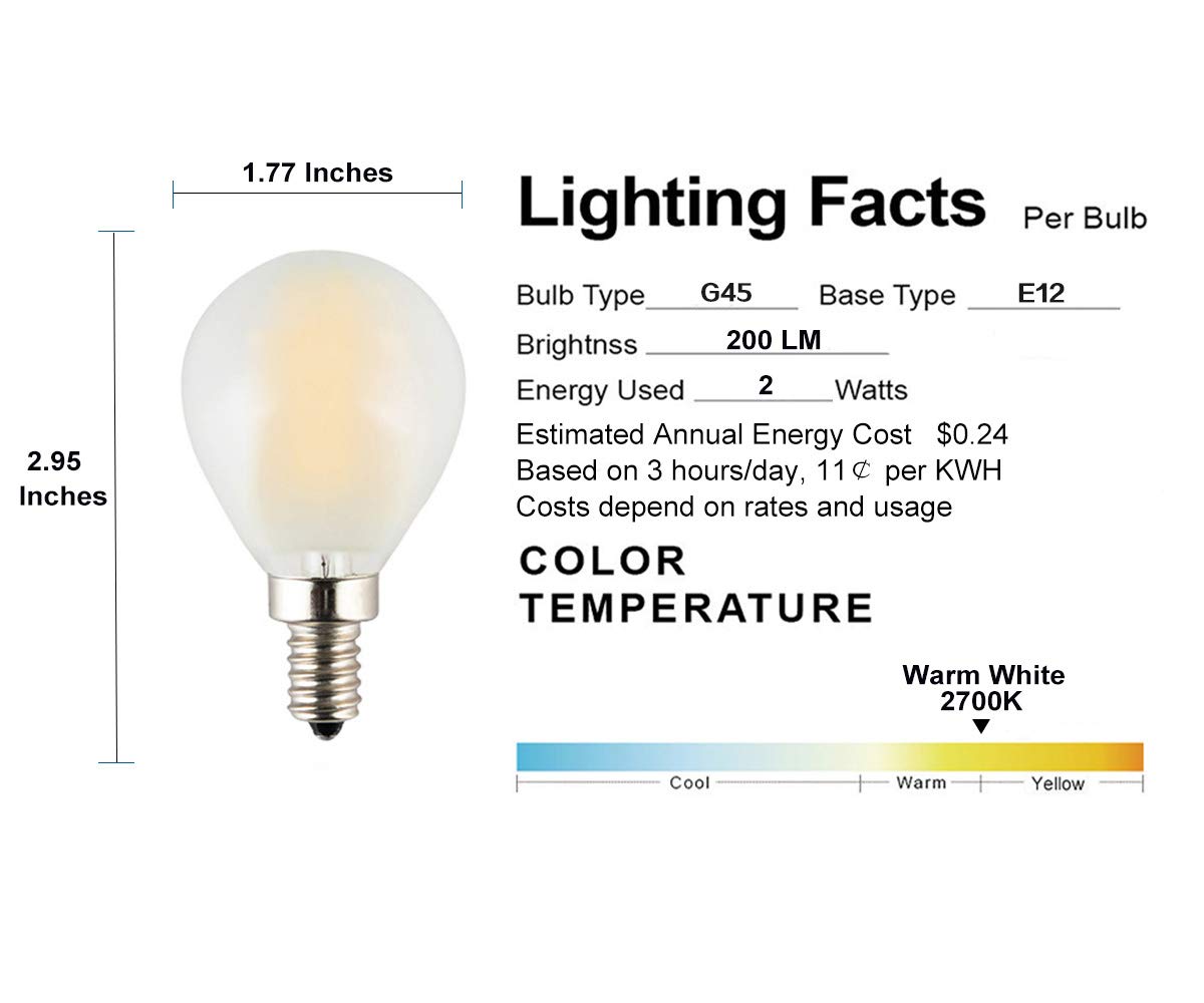 OPALRAY G45(G14) Mini Globe LED Bulb, 2W 200LM, Dimmable, 25W Incandescent Replacement, Warm White Light 2700K Filament Tungsten, E12 Candelabra Base Bulb, Eye-protected Frosted Glass Cover, 6 Pack