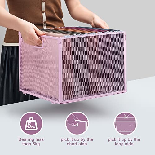 Oterri Desktop Hanging File Organizer, Portable Pink Hanging File Folder Organizer, Mesh Assembly Foldable Hanging Folder Organizer 12.2 * 12.2 * 9.8 inch for Letter Size Folders, Folders Not Included