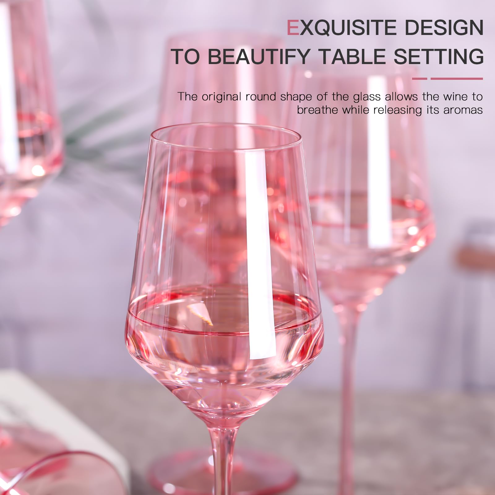 Pink Crystal Wine Glass Set of 6 - Hand-Blown Long Stem Wine Glasses, Unique Wine Glasses Gift For Wine Lovers, Dinner, Party, Wedding