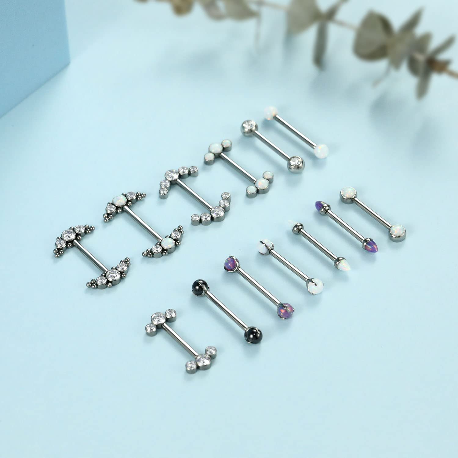 PEAKLINK G23 Titanium Nipple Barbell 14G Threaded Nipple Ring Silver Opal CZ Body Piercing Jewelry for Women 16mm