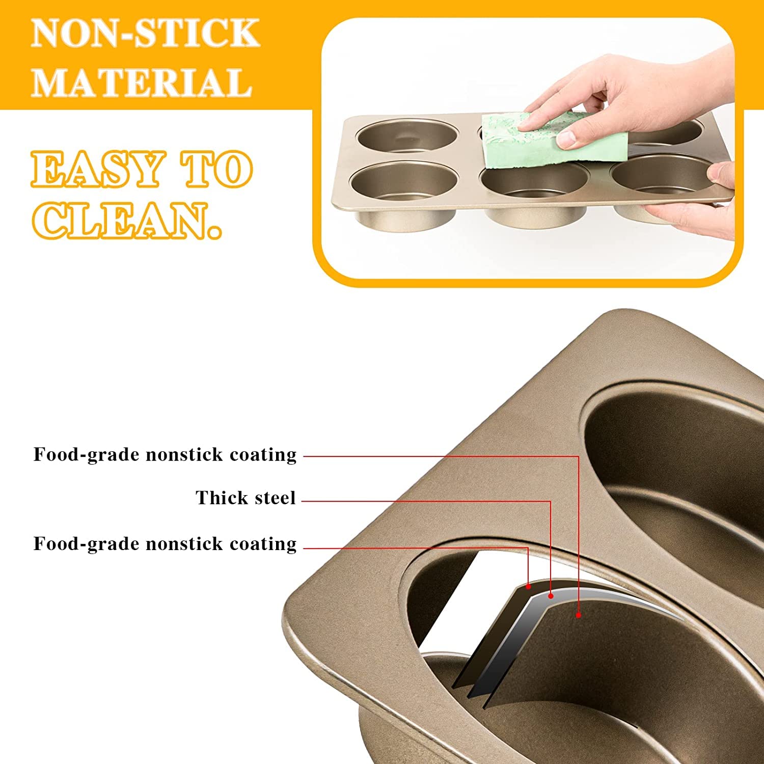 Muffin Top Pan, Hamburger Bun Pan, 6 Cavities Baking Tray,3.5 inches, for Baking Hamburgers, Cakes, Muffins and Poached Eggs Gold
