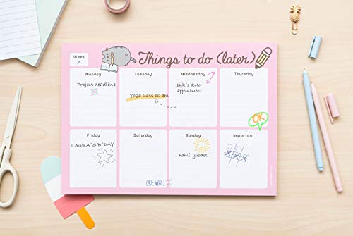 Pusheen Desk Pad A4 with Daily, Weekly and Monthly Calendar, Desktop Planner, Desktop Note Pad, 54 Undated Tear Off Sheets, 8.3 x 11.7 inches, To Do List - Kawaii Stationery
