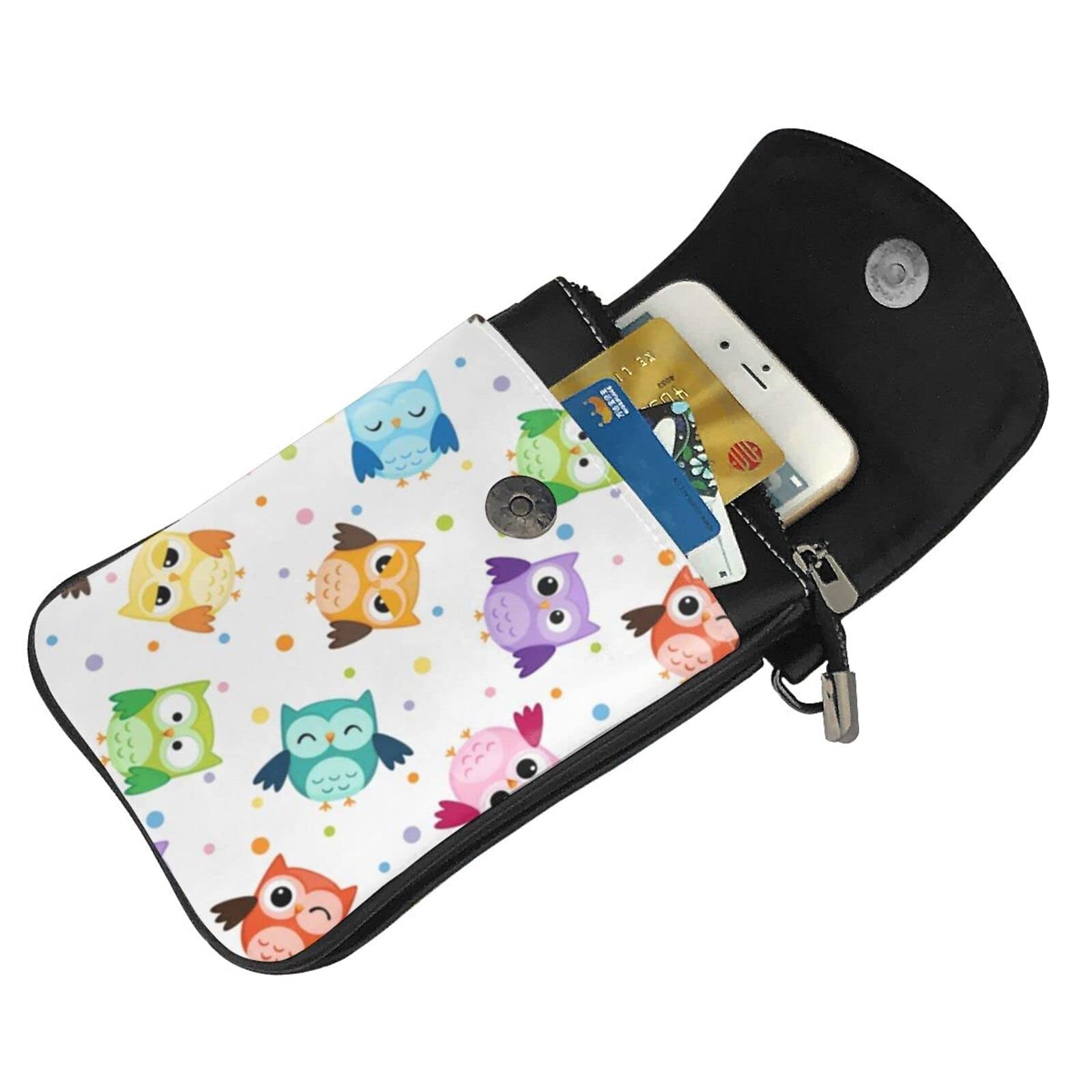 Women Cell Phone Purse Leather Crossbody Bag-Colorful Cute Owls Mini Shoulder Bag Card Holder Wallet