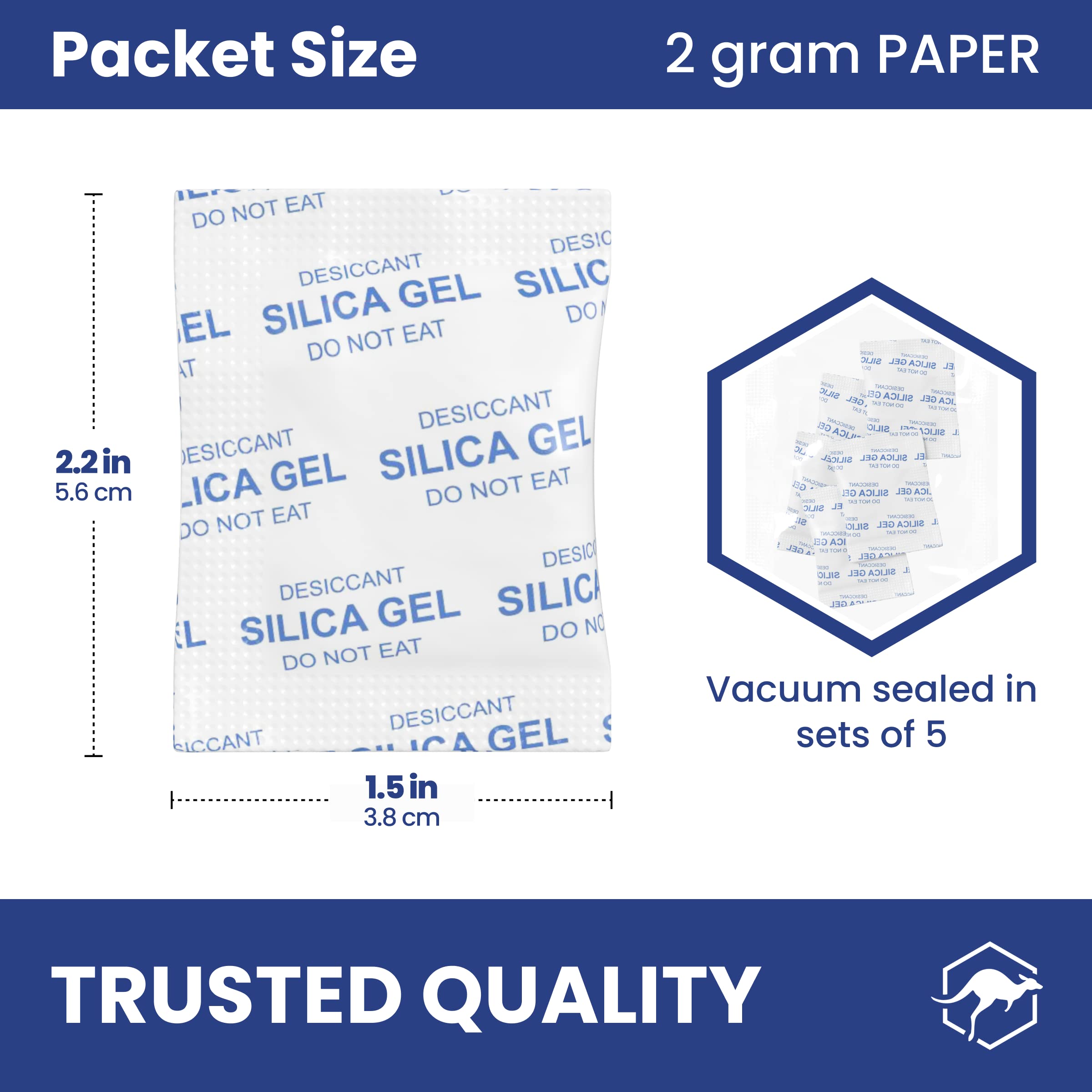 Wallaby 2 gram (100 Packets) Food Safe Pure White Silica Gel Desiccant Dehumidifier Packs - Rechargeable & Coated Moisture Absorbers - Protects Against Moisture Damage - (Packed in 20x Sets of 5)