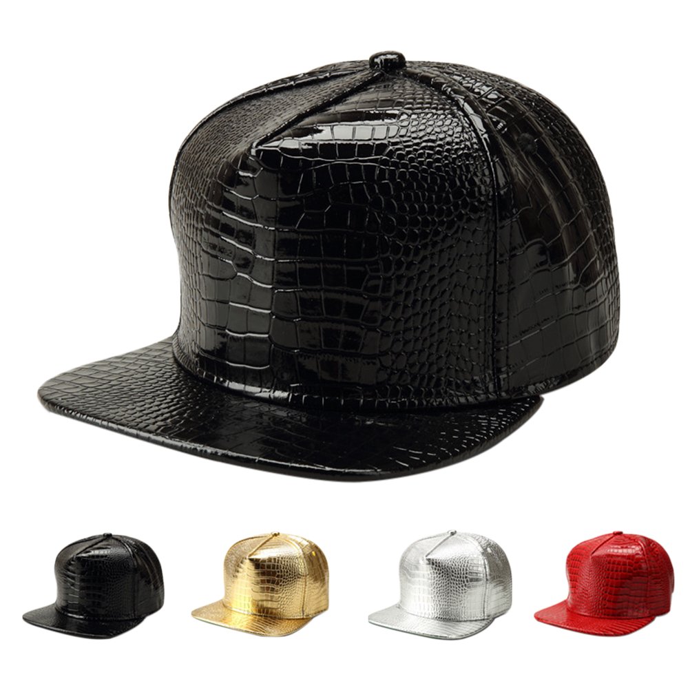 OULII Unisex Crocodile Baseball Caps PU Leather Adjustable Hip Hop Flat Brim Hats Snapback Cap (Black)