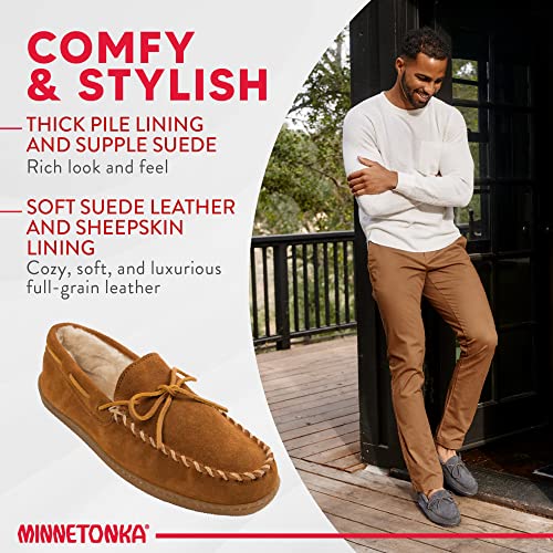 Minnetonka Mens Pile Lined Moccasin Slipper with Hard Soles Brown, 11.5