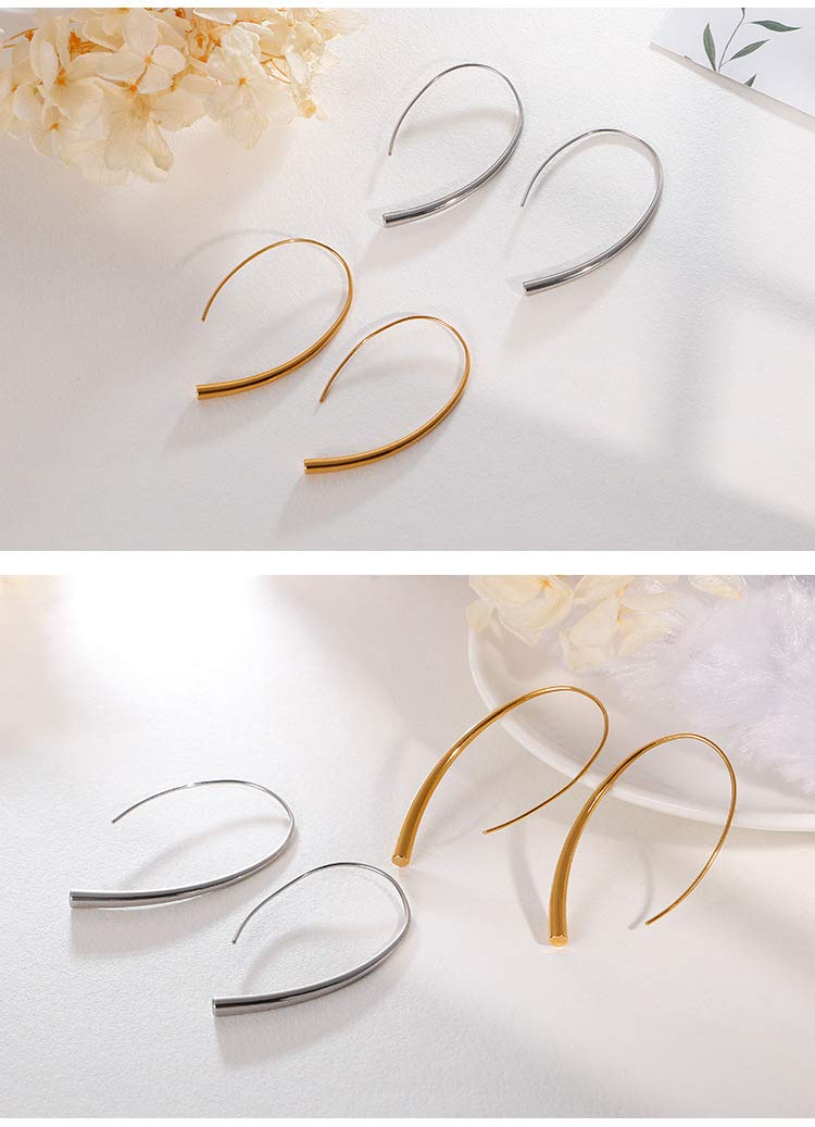 Open Hoop Earrings - Upside Down Threader Earrings, Surgical Titanium Steel Hypoallergenic (Silver)