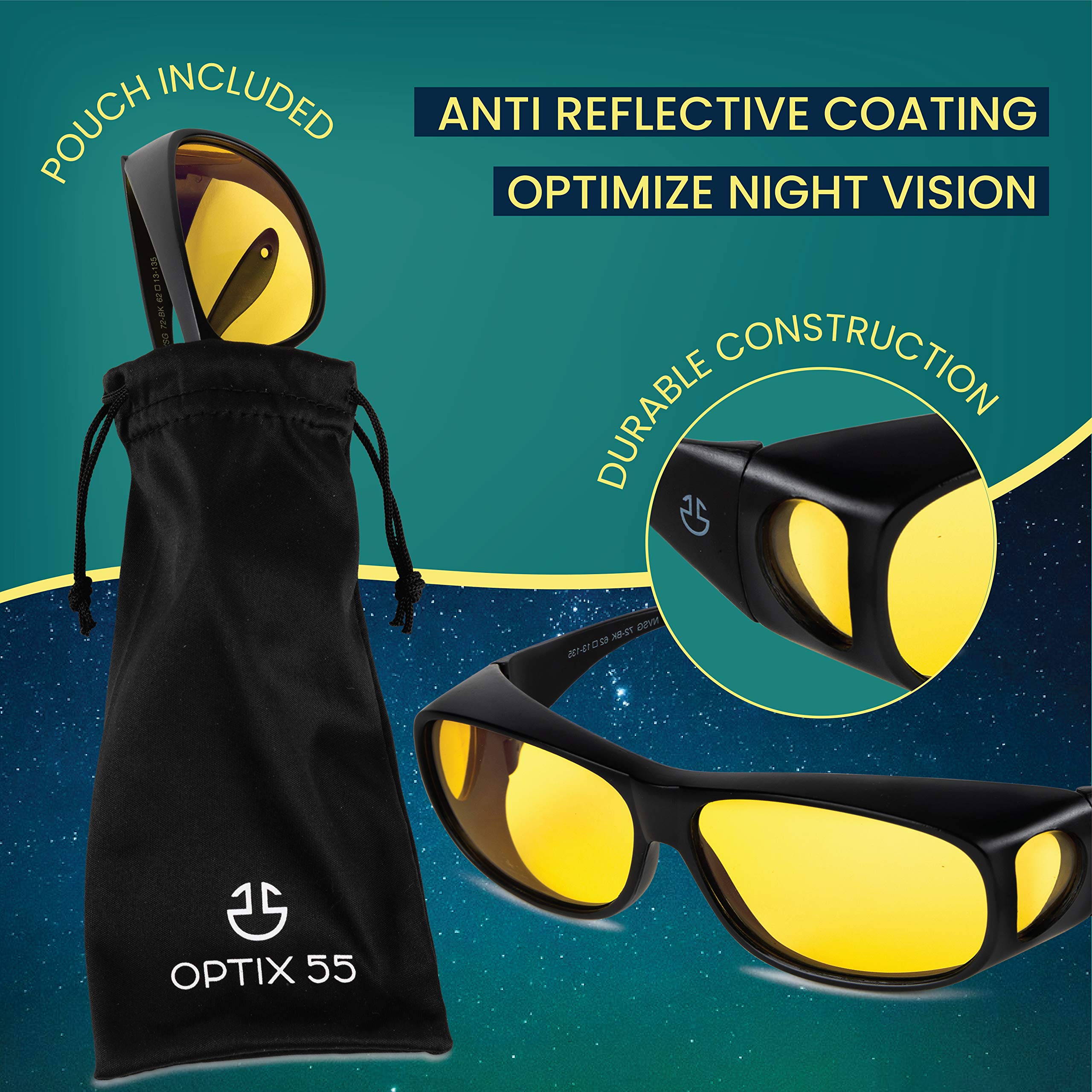 Optix 55 Fit Over HD Day/Night Driving Glasses Wraparound Sunglasses for Men, Women - Anti Glare Polarized Wraparounds (Night Vision/Sunglasses)