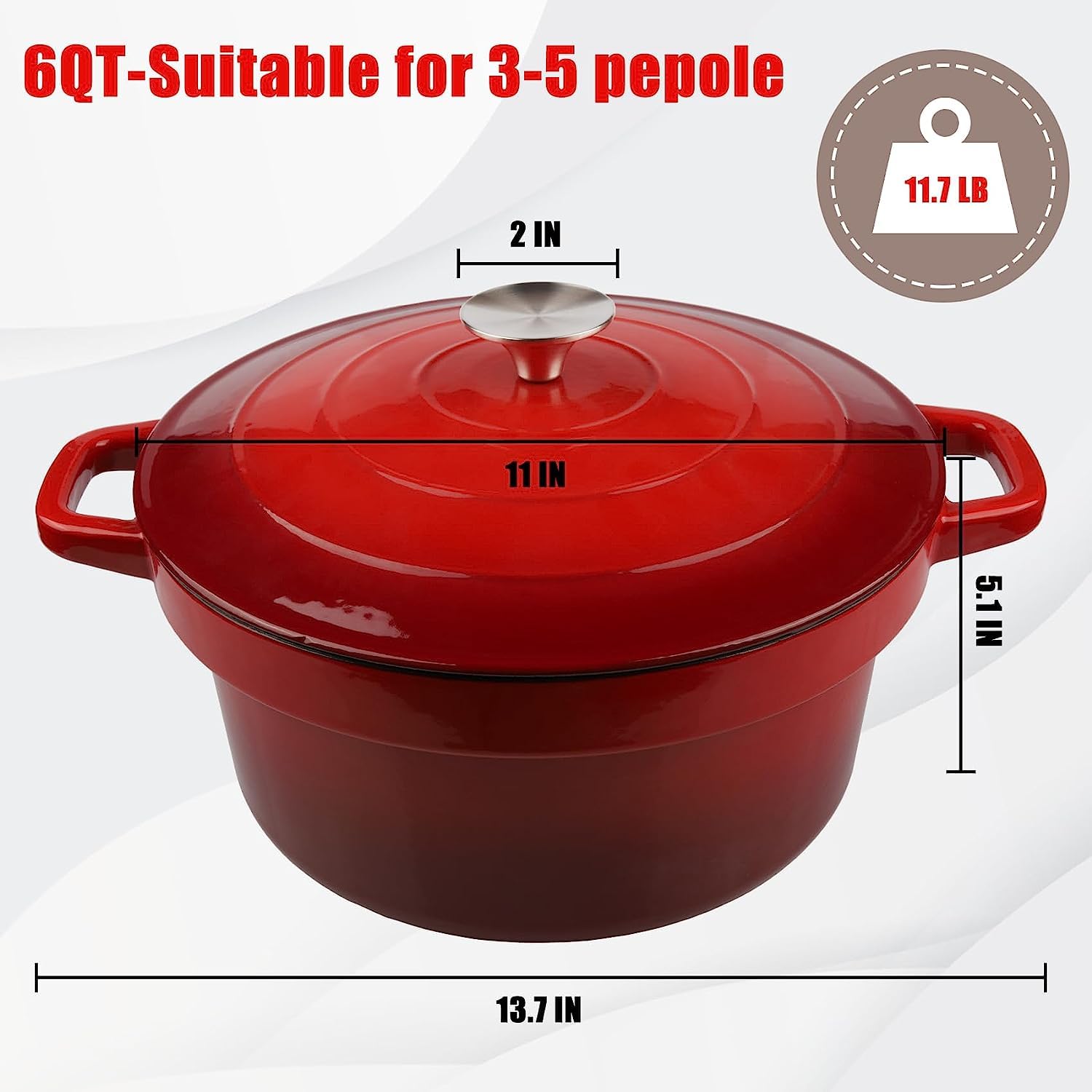 Mckysomd Enameled Cast Iron Dutch Oven, 6 Quart Dutch Oven Pot with Lid,Non-stick Round Dutch Oven for Baking, Braiser, Stewing, Roasting (Red)