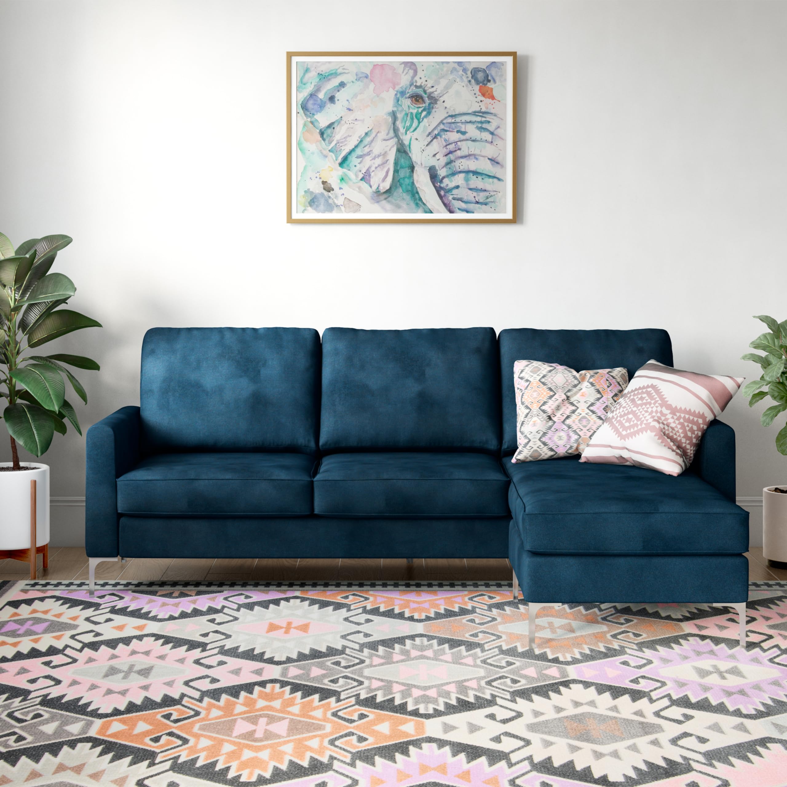 Novogratz Chapman Sectional Sofa with Chrome Legs, Black Velvet Couch