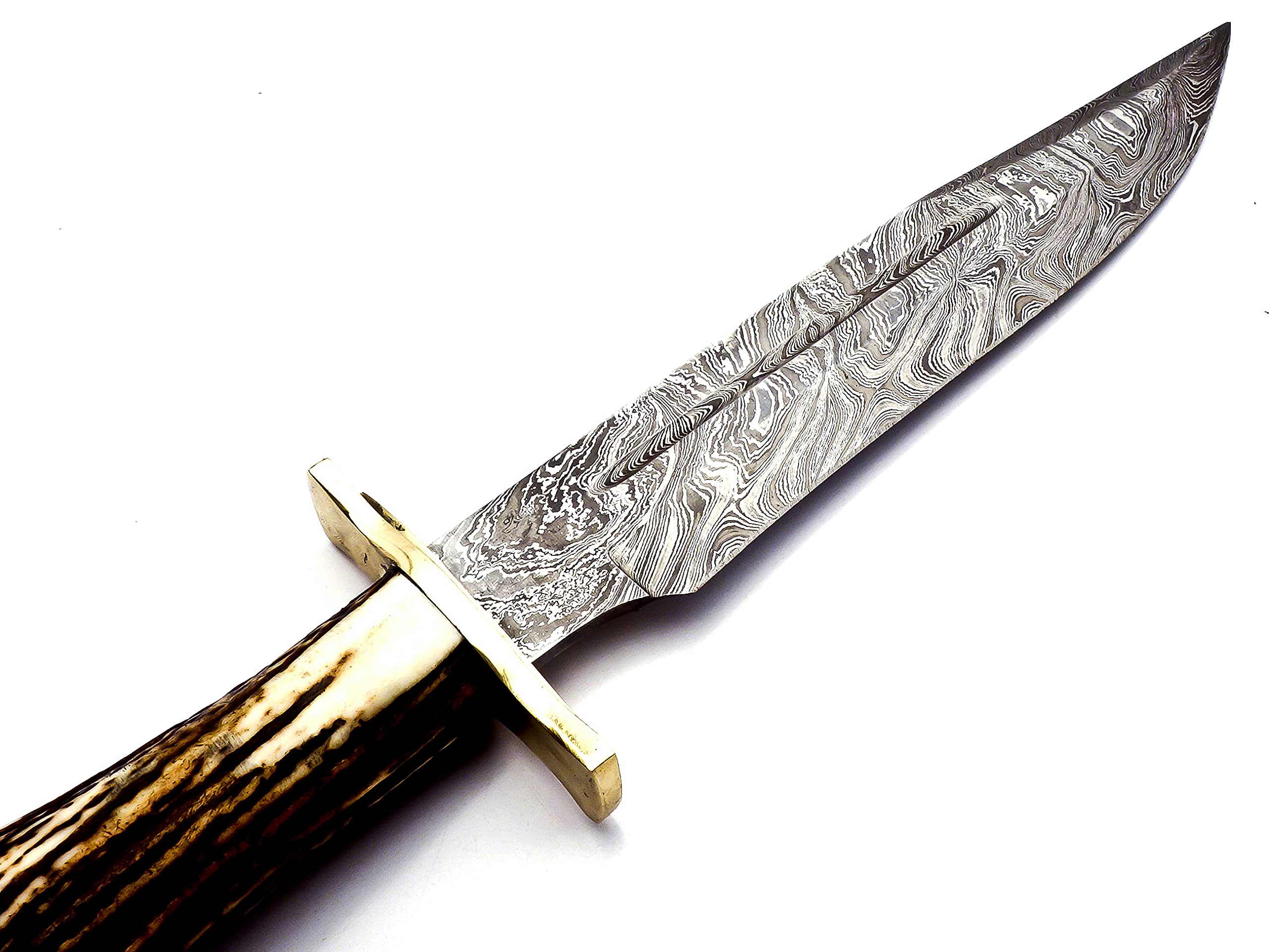 Skokie Knives Damascus Steel Bowie Knife Bull Horn Handle with & Brass Guard β16β Handmade Premium Quality Sharp Edge Fix Blade -Genuine Multipurpose Knife Ideal for Hunting, Camping (Stage B)