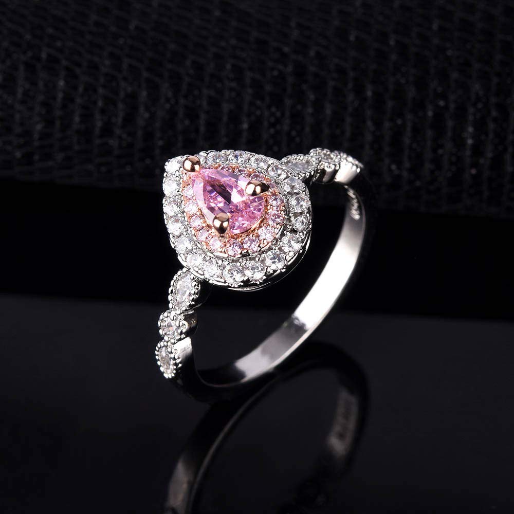 Rnydrny Gold Plated Teardrop Halo Pear Cut Pink Cubic Zirconia CZ Engagement Wedding Ring for Women (8)