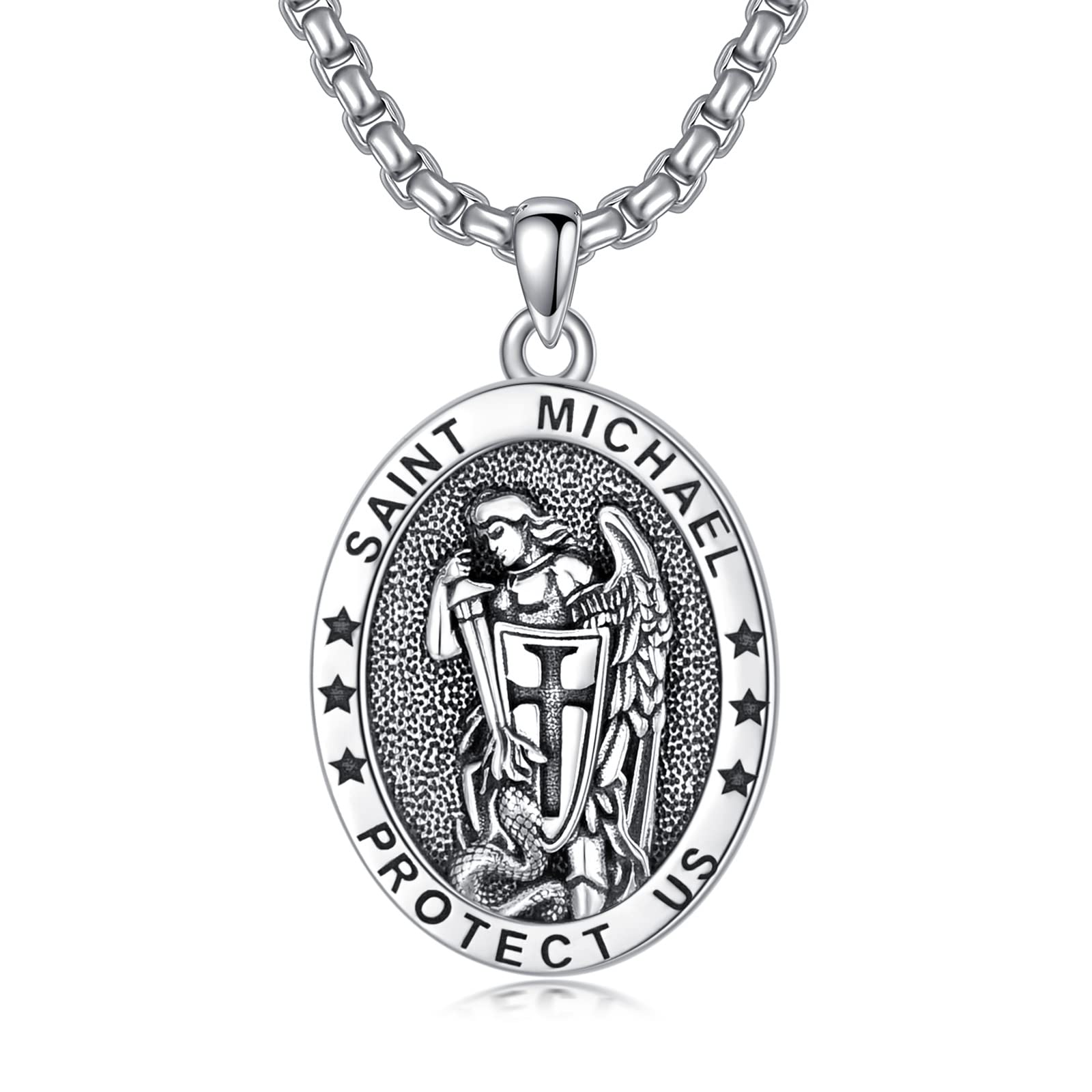 PDTJMTG 925 Sterling Silver St Michael/St Christopher Oval Round Medal Archangel Cross Necklace with 22”+2” Chain (A03-St Michael)
