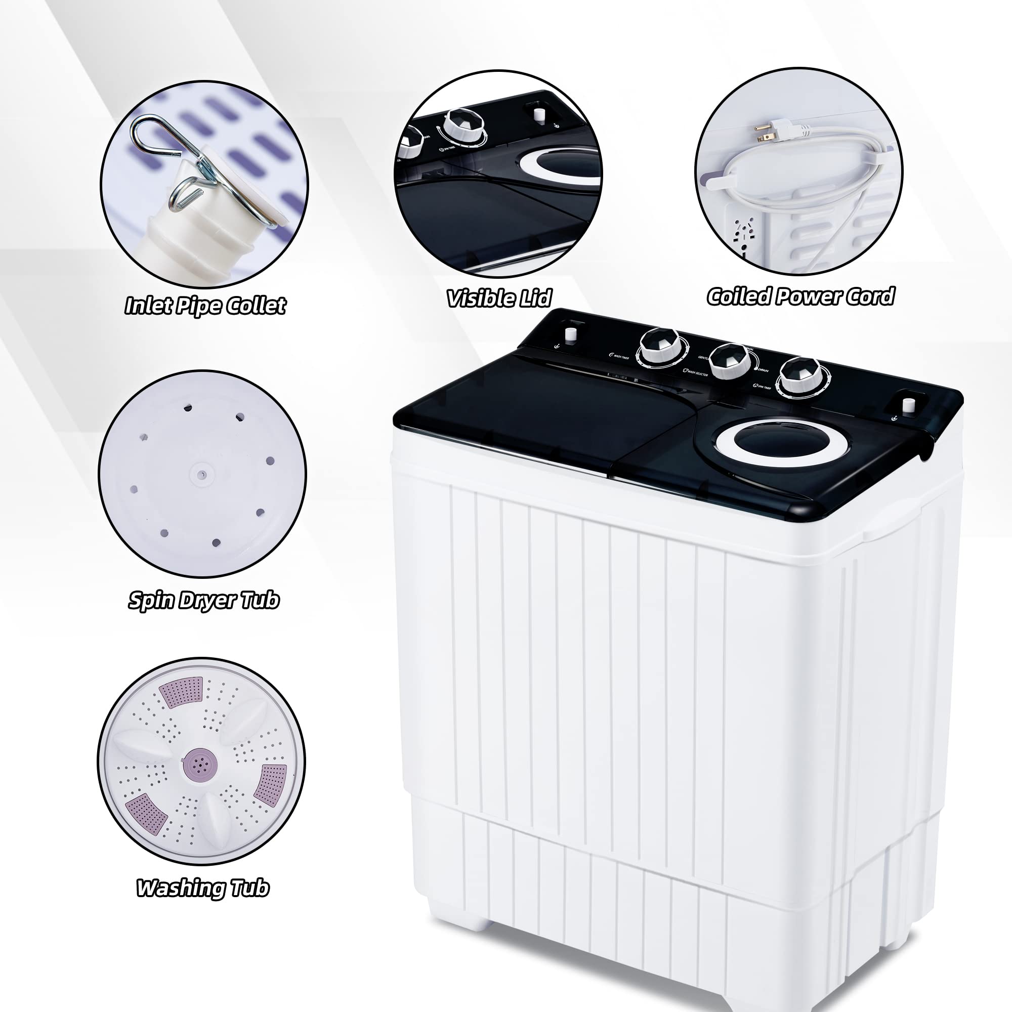 Portable Washing machine 26Lbs Capacity Washer and Dryer Combo Compact Twin Tub Laundry Washer(18Lbs) & Spinner(8Lbs) with Built-in Gravity Drain for Apartment,Dorms,RV Camping, BLACK