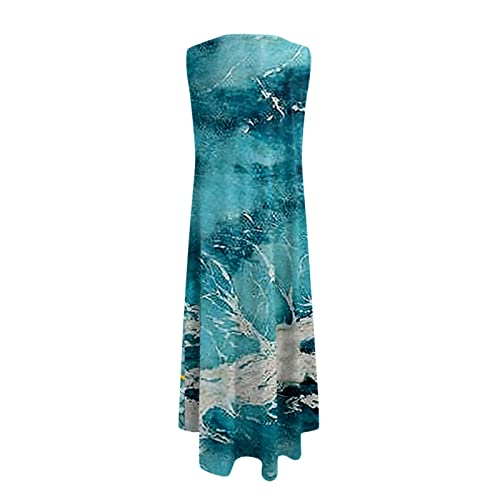 Winter Women Maxi Dress Summer Spring O Neck Dresses Sleeveless Split Long Boho Pocket Beach Tank Winter Mid Length Blue
