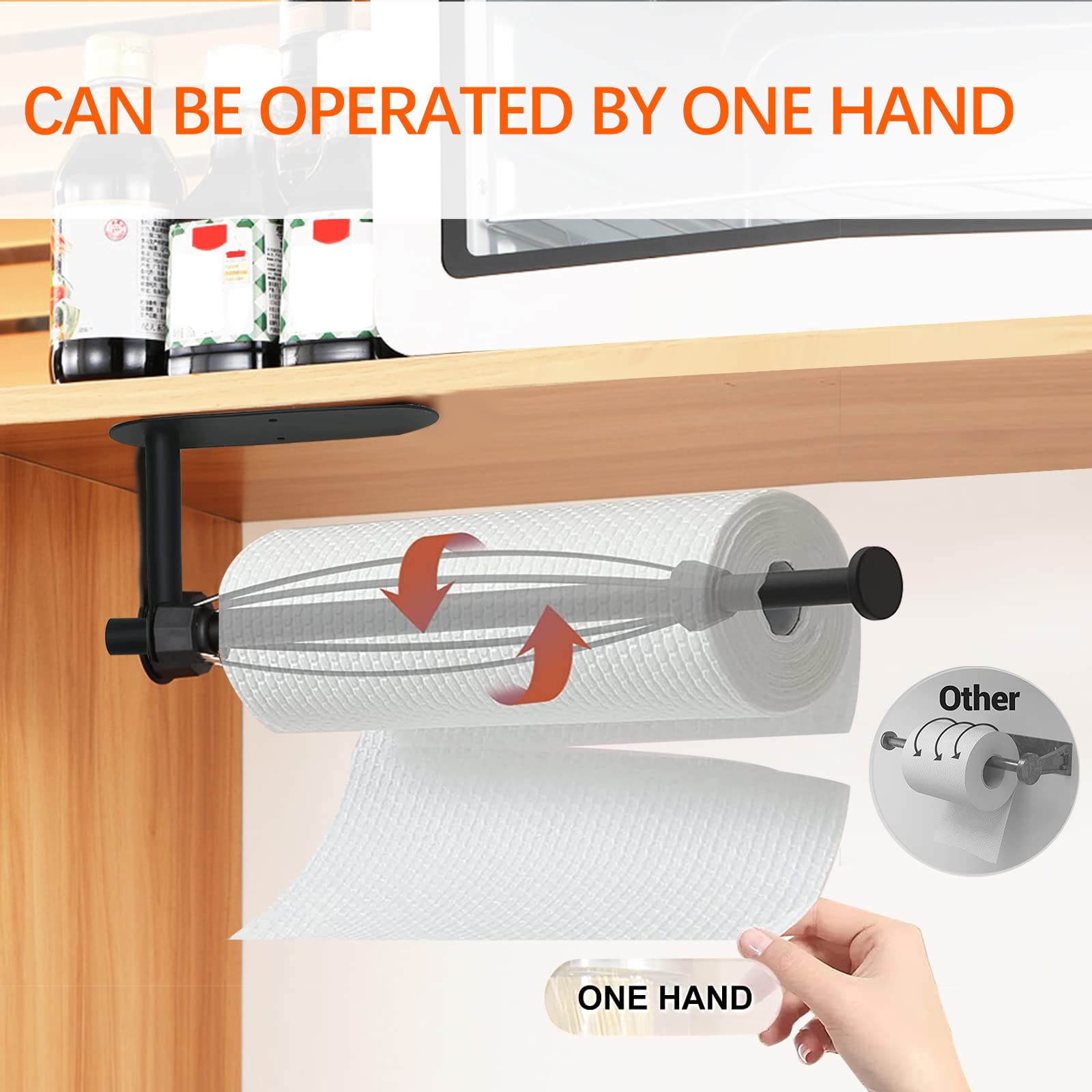 Paper Towel Holder Under Cabinet, Meritpick Single Hand Operable Paper Towel Holder Wall Mount, Under Counter Paper Towel Holder with Damping Effect, Adhesive or Screw for Kitchen Bathroom