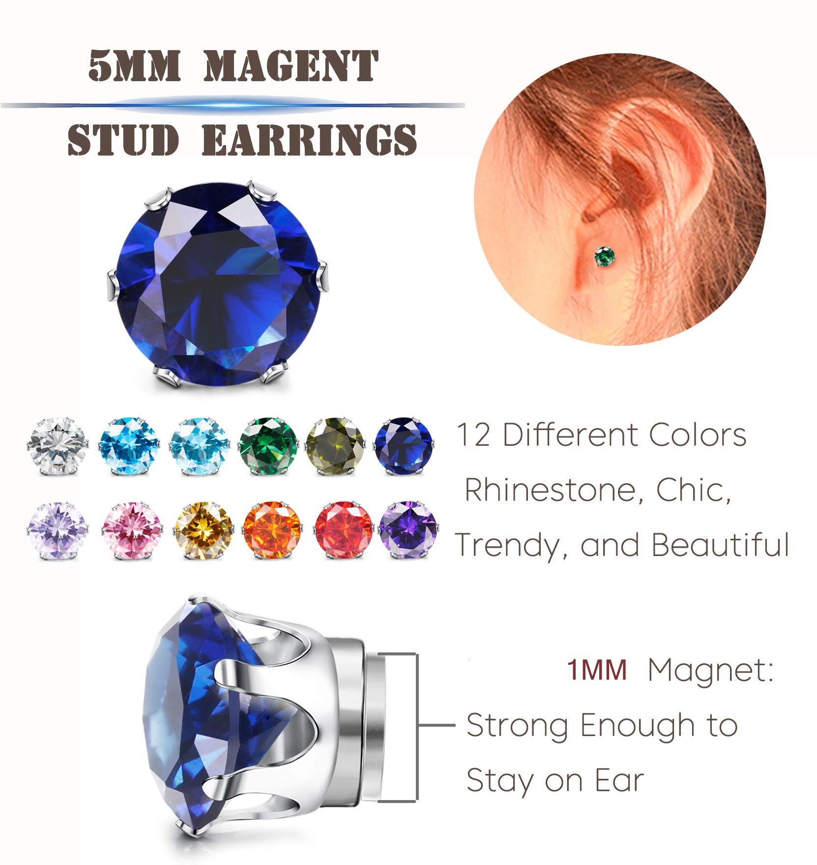 ORAZIO 12 Pairs Magnetic Stud Earrings for Men Women Non-piercing Rhinestone Magnet Earrings Stainless Steel Magnetic Clip on Nose Stud Earrings Set