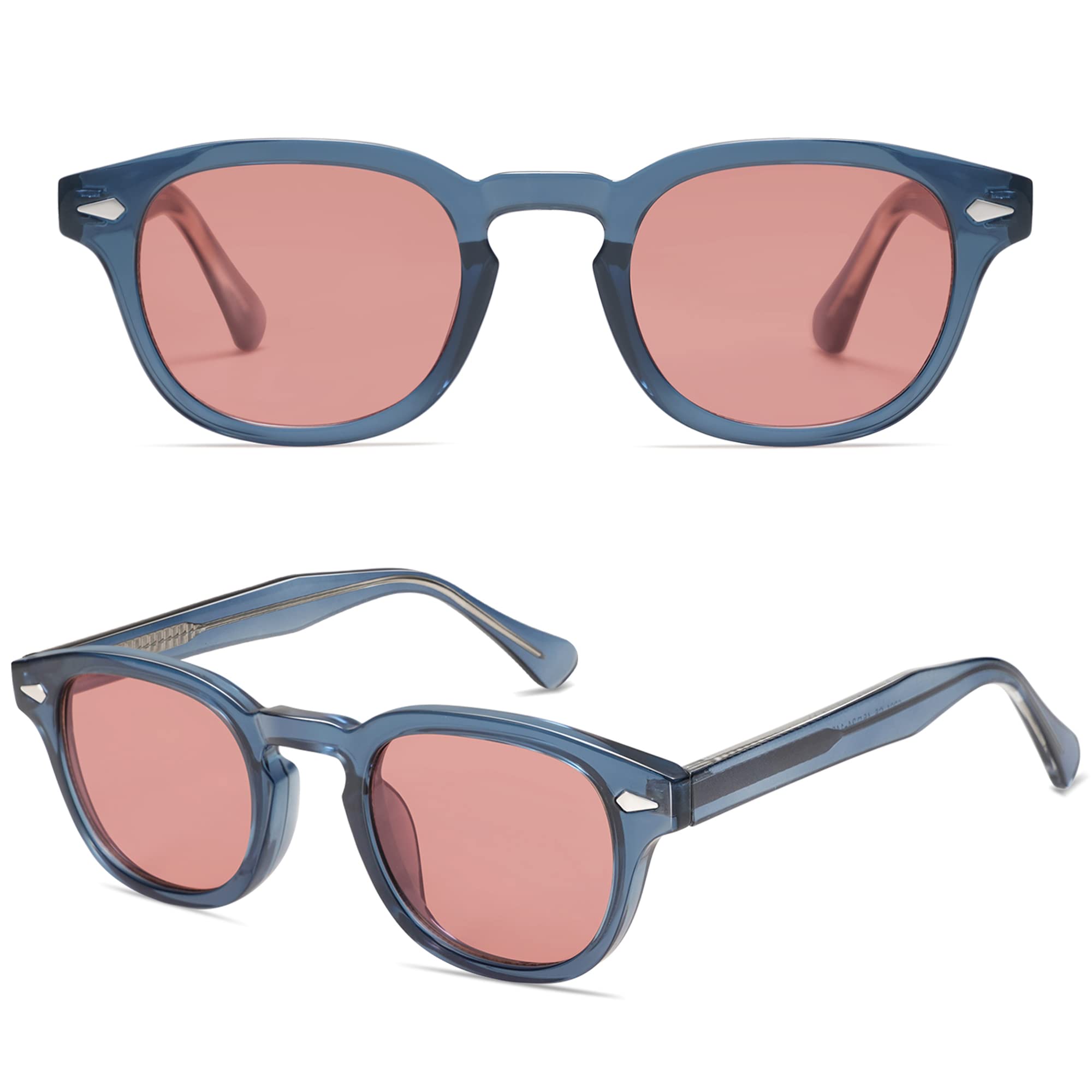 SOJOS Retro Small Round Sunglasses for Men Women Trendy Circle Style UV400 Lenses Unisex Sun Glasses SJ2251, Navy Blue Frame/Light Red Lens