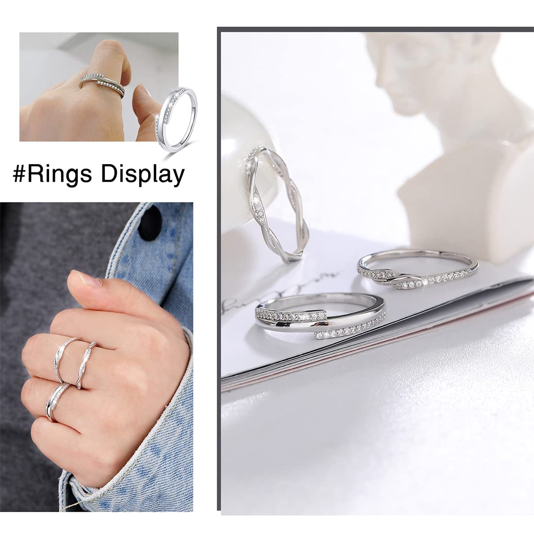 Sunssy 3PCS Stacking Rings Set for Women Stackable Thumb Rings for Teen Girls Simple Thin Dainty Silver Ring Set CZ Eternity Wedding Ring Size 5 to 9