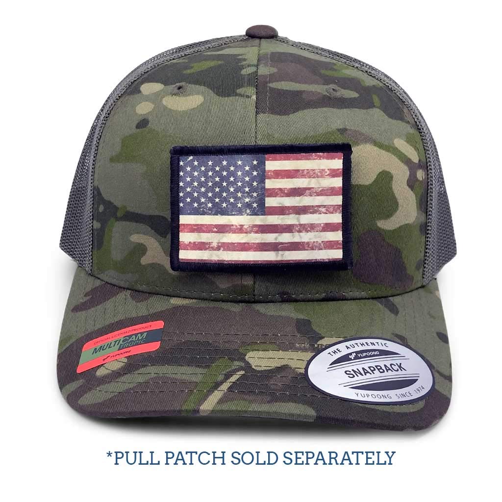 Pull Patch Multicam Camo Curved Bill Snapback Trucker Hat | Tropical Green & Green | 2x3 in Loop Surface for Patches