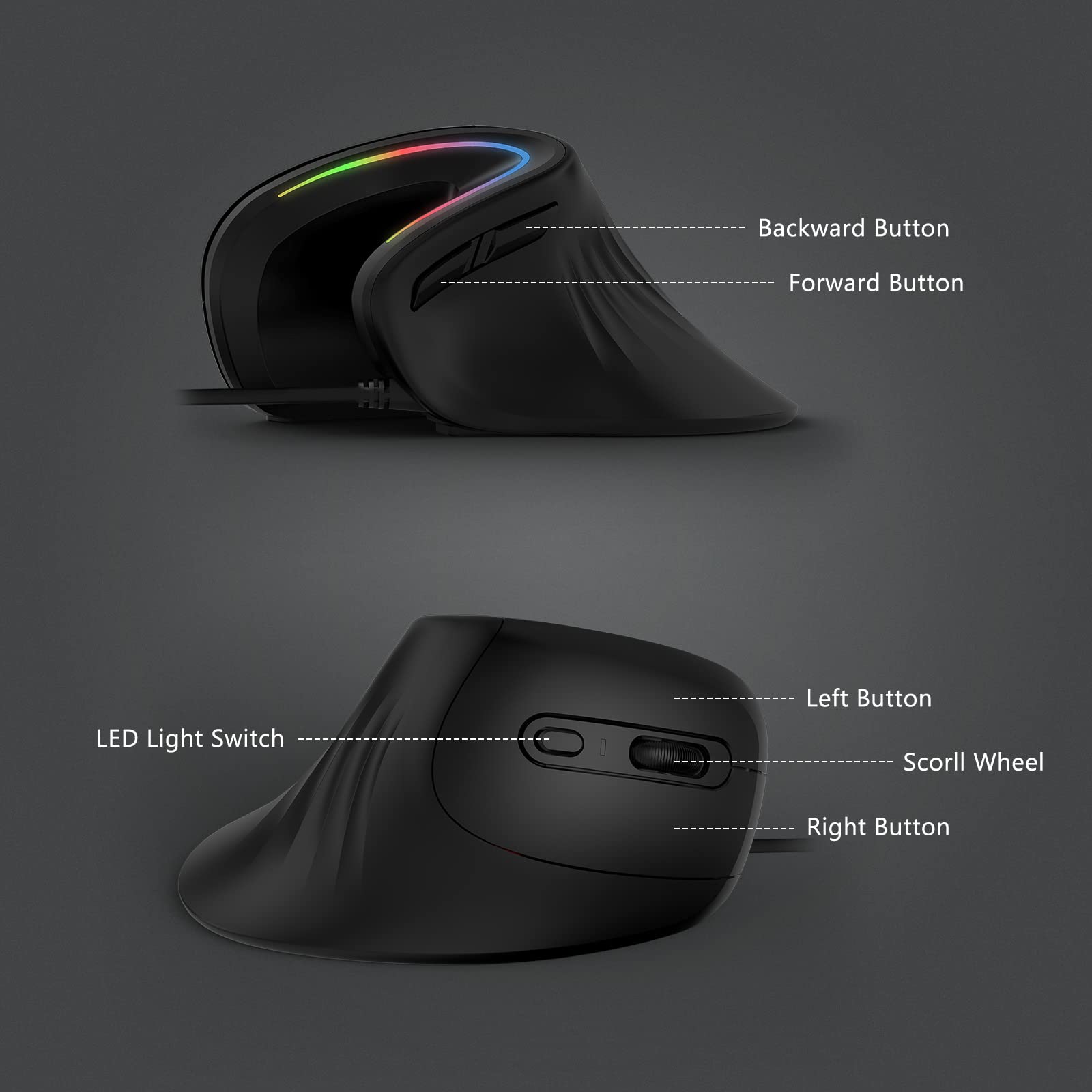 Wired Ergonomic Mouse with LED Backlight, 6-Mode RGB Backlit Upright Vertical Mice with USB Cable 1600 DPI for PC Laptop Computer Desktop for RSI and Mouse Arm Tennis Elbow, Black