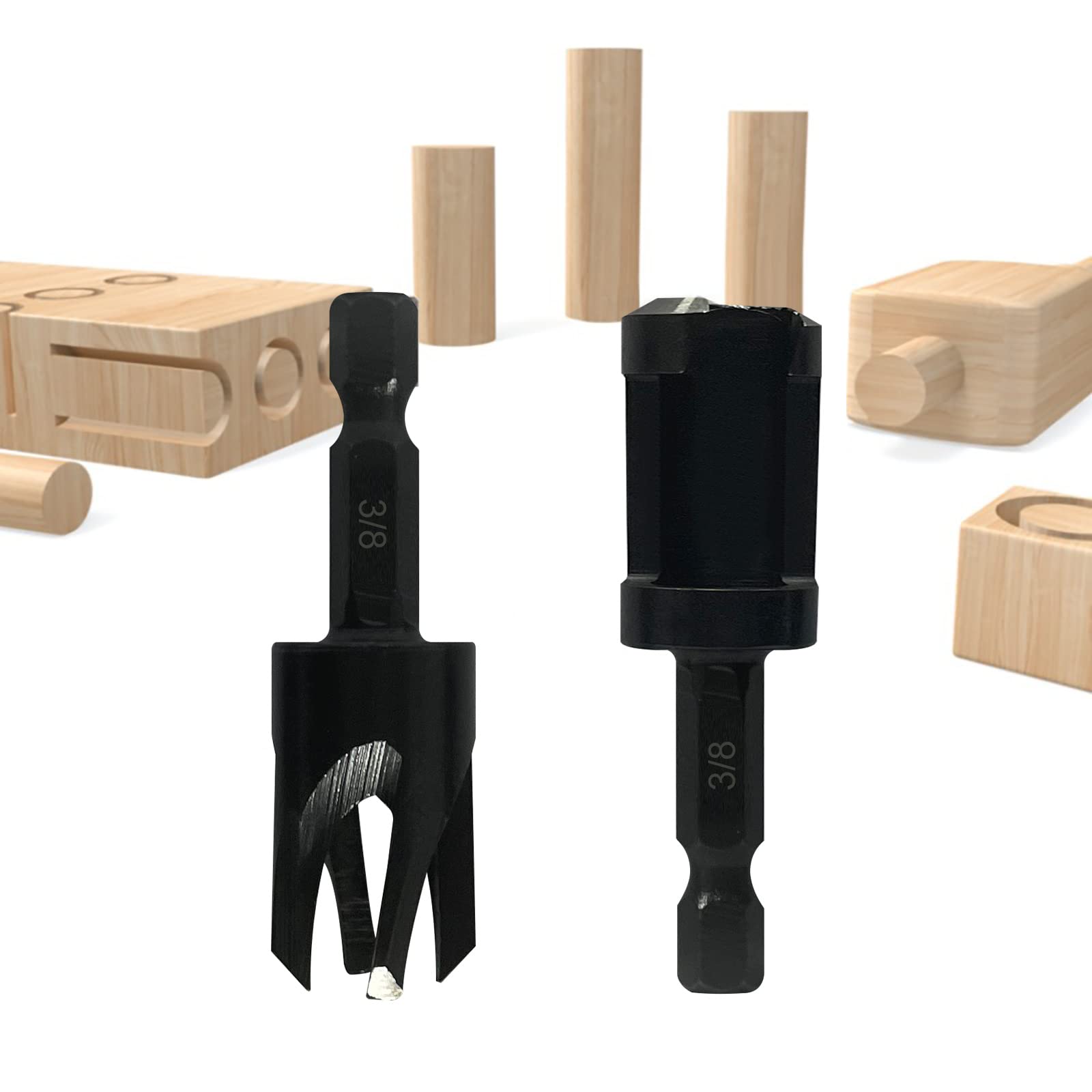 Wood Plug Cutters, 4 pcs Straight Wood Plug Cutters & 4 pcs Tapered Plug Cutters Set with 1/4 Hex Shank, Taper Cutting Tool Cork Drill Bit Knifes in 4 Sizes 1/4", 5/16", 3/8", and 1/2" Black
